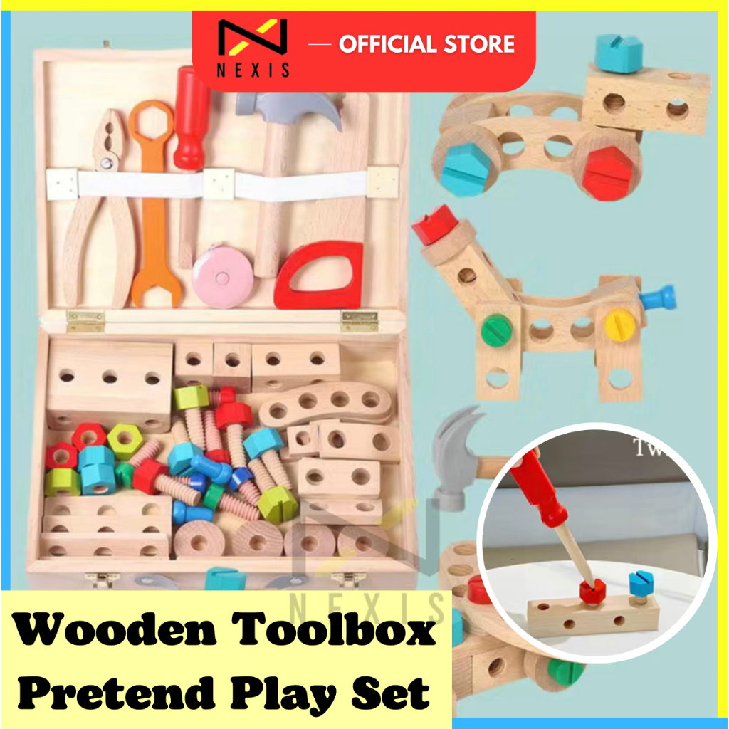 Wooden Toolbox Pretend Play Set Montessori Children Toy For Boys Nut ...