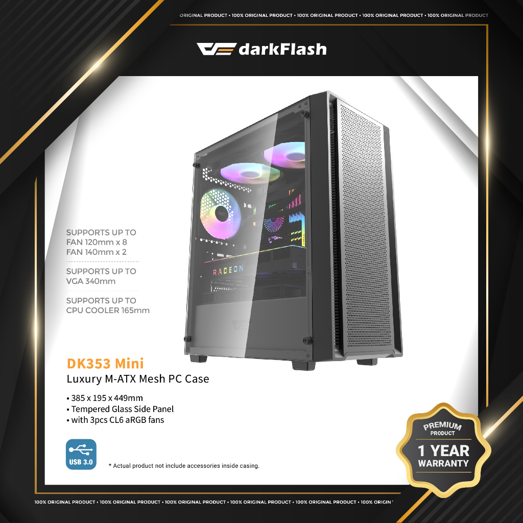 darkFlash DK353 Mini Micro ATX Mesh Gaming Casing (with 3pcs aRGB fans ...