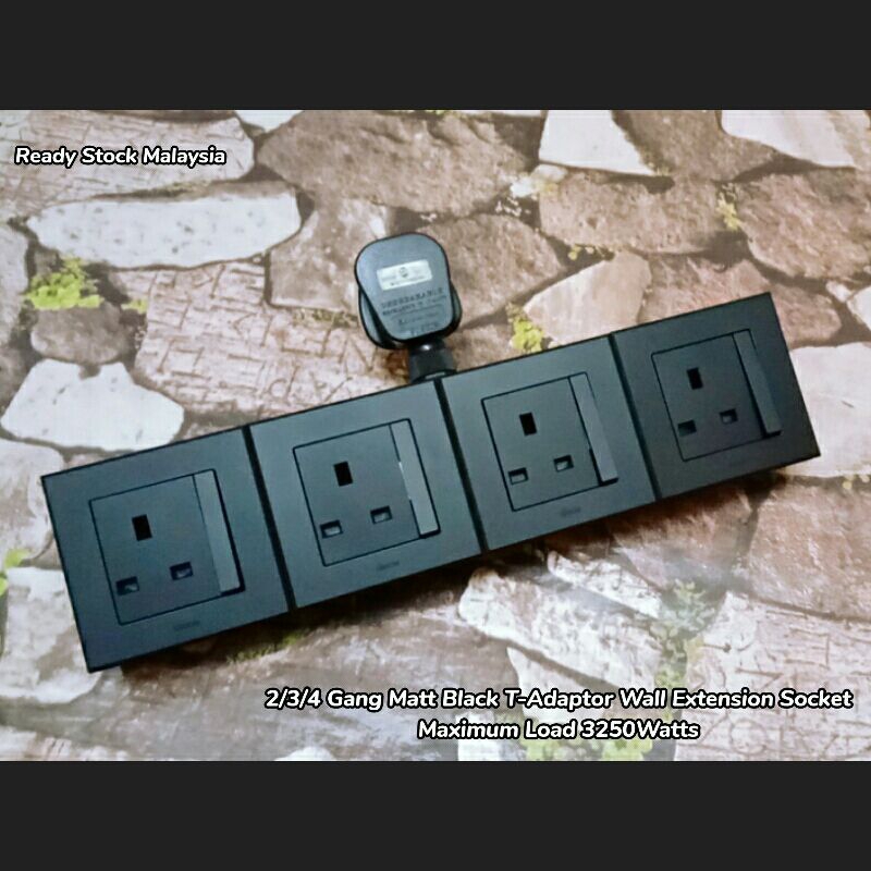 Heavy Duty 2/3/4 Gang Matt Black Socket T-Adaptor Wall Extension Wire ...