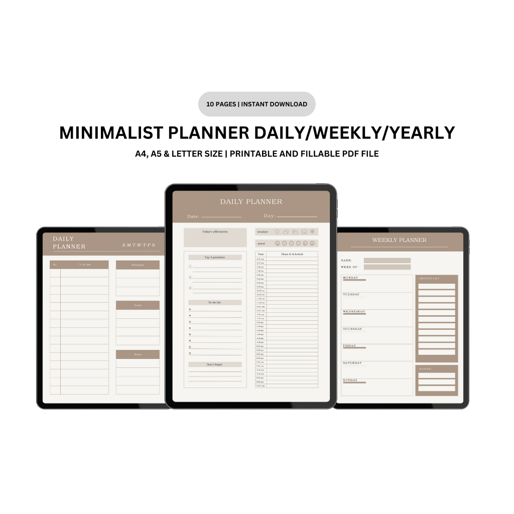 Minimalist Daily/Weekly/Yearly Digital Planner Printable, Daily To-Do ...