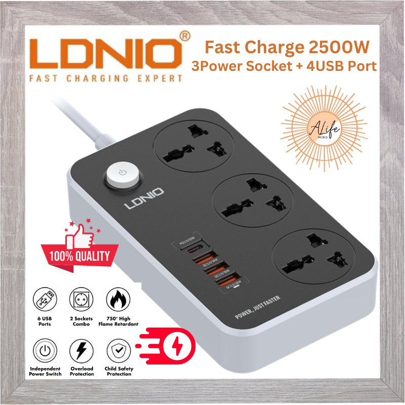 ALife LDNIO 3 Ways Power Socket 4 USB Port 2500W Defender Series UK 3 ...