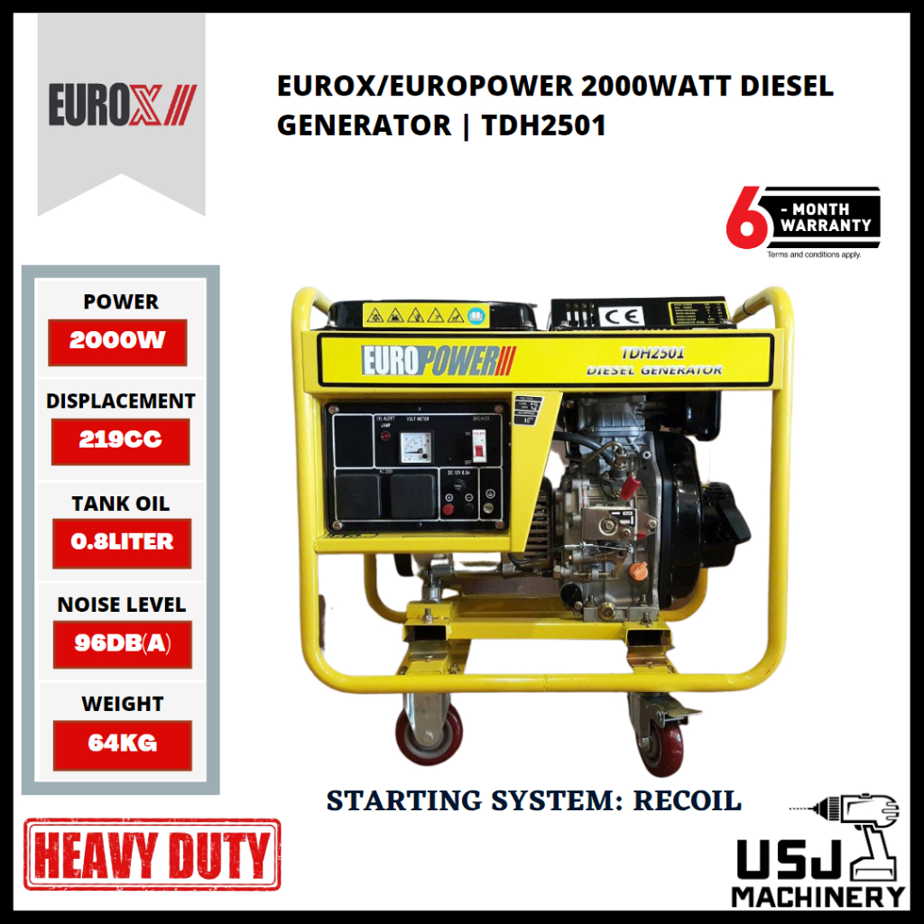 EuroX/Europower 2000W 219CC Diesel Generator TDH2501 - Heavy Duty - 6 ...