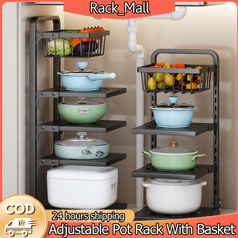 Adjustable Pot Rack Pans Organizer Racks With Basket Rak Bawah Sinki ...