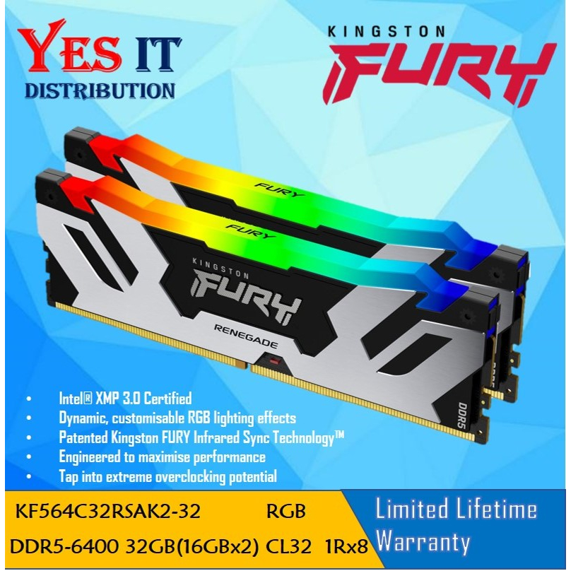 Kingston Fury Renegade RGB DDR5 32GB (2x16GB) 6400Mhz CL32 DESKTOP RAM (KF564C32RSAK2-32 ...