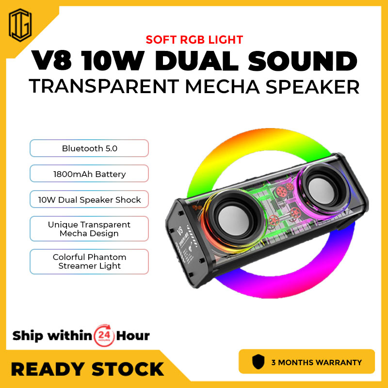 V8 10W Dual Sound Transparent Mecha RGB Light Speaker Bluetooth 5.0 ...