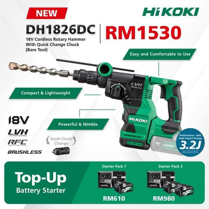 HIKOKI DH1826DC 18V CORDLESS ROTARY DRILL SOLO / FULL SET | Shopee Malaysia