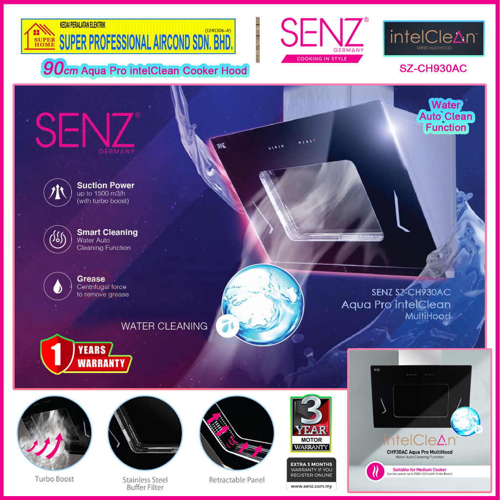 Senz Hood SZ-CH930AC ((Aqua Pro intelClean MultiHood)) 90cm Angled ...