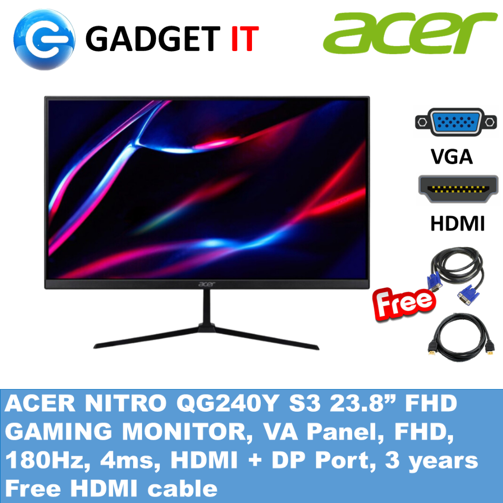 ACER NITRO QG240Y S3 23.8" GAMING MONITOR,VA PANEL ,180Hz,1920x1080 FHD ...