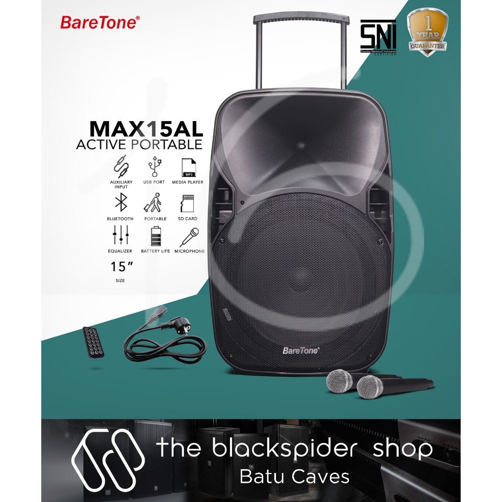 Baretone MAX-15AL 15" Portable Speaker with Two UHF Wireless Microphone ...