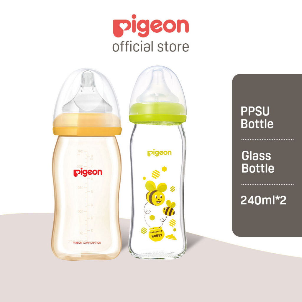 PIGEON SofTouch Wide Neck PPSU Nursing Bottle + Wide Neck Glass Nursing Bottle Bee (240ml ...