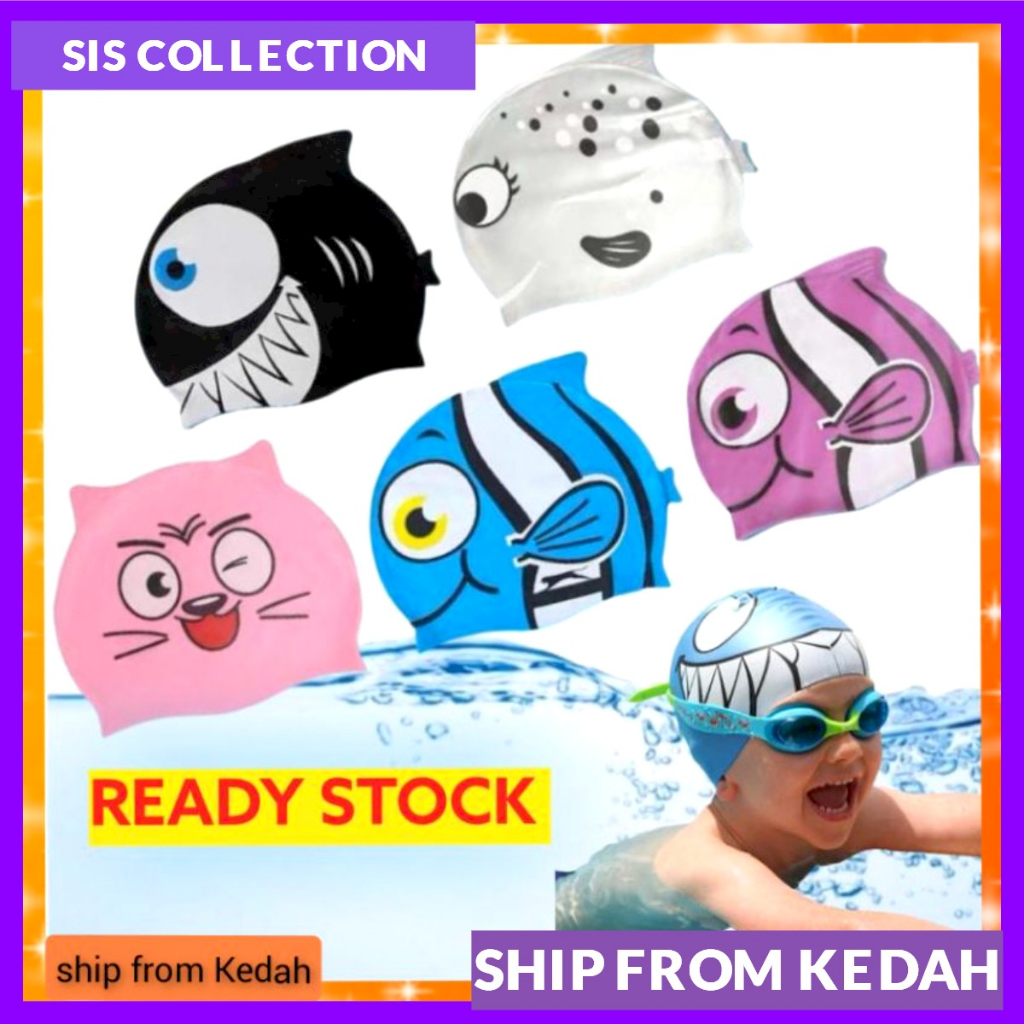 C91 Kid Swimming Cap Shark Fish-shaped Silicone Swimming Cap 儿童游泳帽 ...