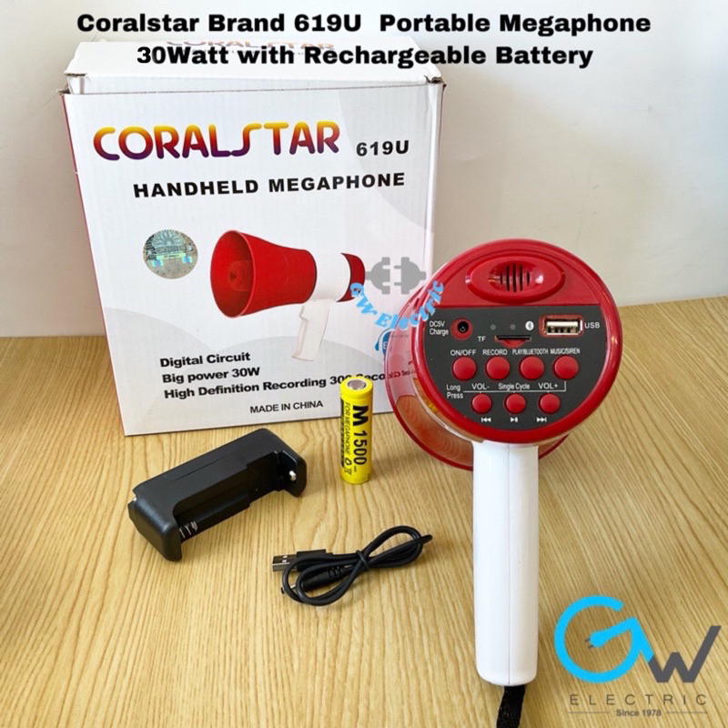 30W CORALSTAR Handheld Megaphone 619U with Rechargeable Battery Loud ...