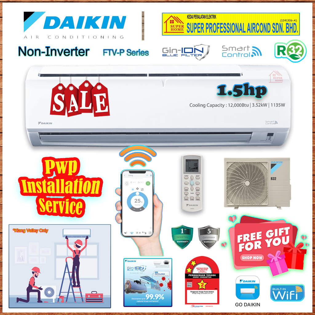 Daikin 1.5hp Non Inverter Air Conditioner FTV35PB & RV35PBV1M ((WiFi ...