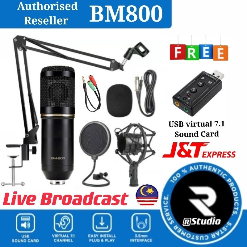 READY STOCK FULLSET BM800 Adjustable Microphone Condensor Recording Mic Kit Broadcast Sing Vocal ...