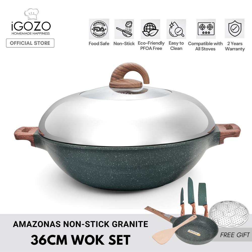 iGOZO Amazonas Non Stick Granite 36cm Wok [Free Items Frying Pan 24cm ...