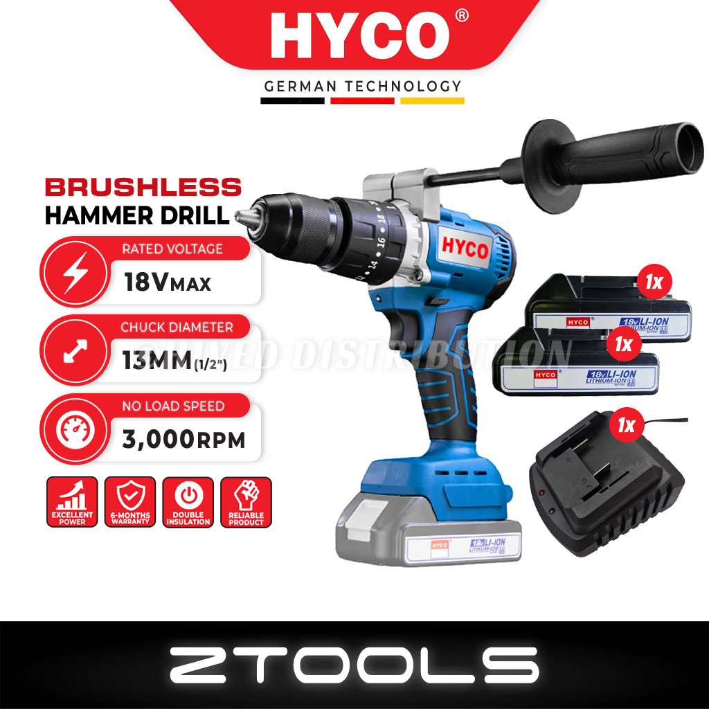 HYCO 18V Cordless Brushless Hammer Drill HY13187BL | Percussion Impact ...