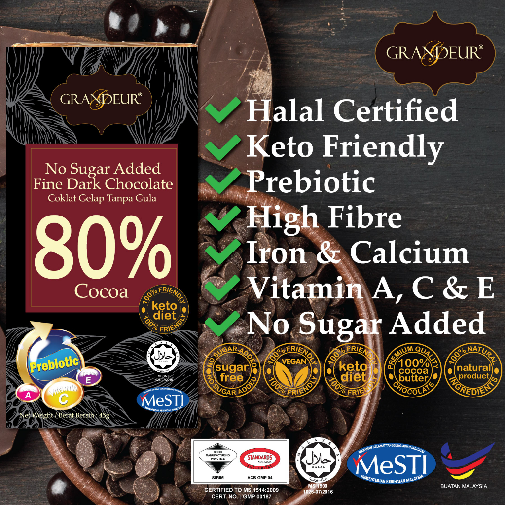 GRANDEUR 80% Cocoa No Sugar Added Keto Friendly Dark Chocolate Bar 45g ...