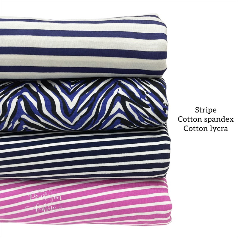 Kain cotton spandex / lycra fabric stripe jalur navy blue white wavy ...