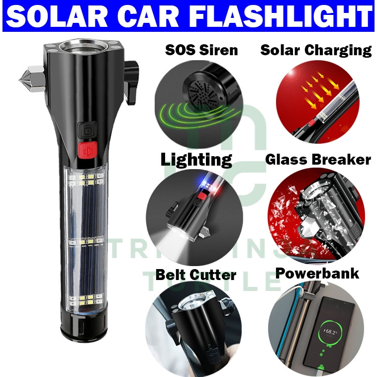 TrioNinja Solar Powered Car Flashlight With Belt Cutter Glass Breaker Sound Alarm | Shopee Malaysia