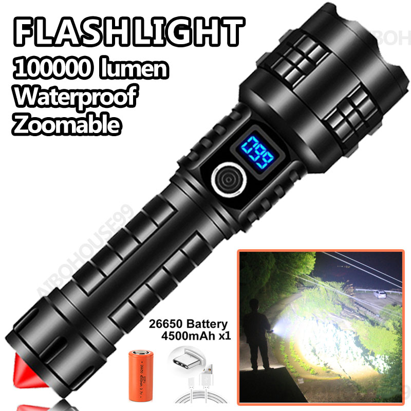 Lampu Suluh Flashlight 100000 lumen USB C Rechargeable Flashlight ...