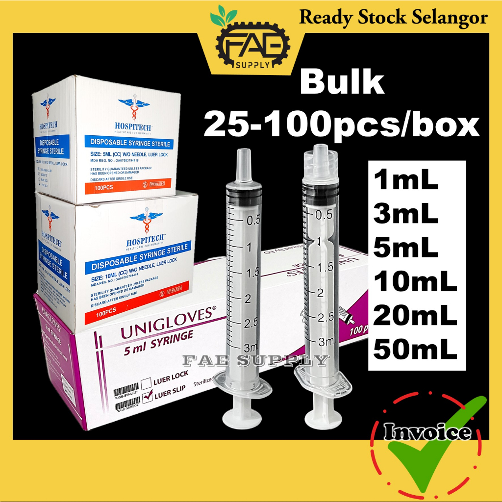 Syringe Picagari Luer Lock Luer Slip MDA 1/3/5/10/20/50 mL CC box packing bulk | Shopee Malaysia