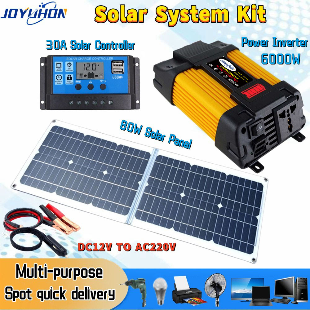 JOYUHON Solar Power System set DC12V to AC220V 6000W Power Inverter+80W Solar Panel+30A Solar ...