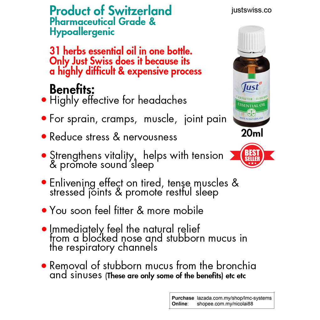 Just Swiss 31 Herbal essential oil 20ml (made in Switzerland) | Shopee ...