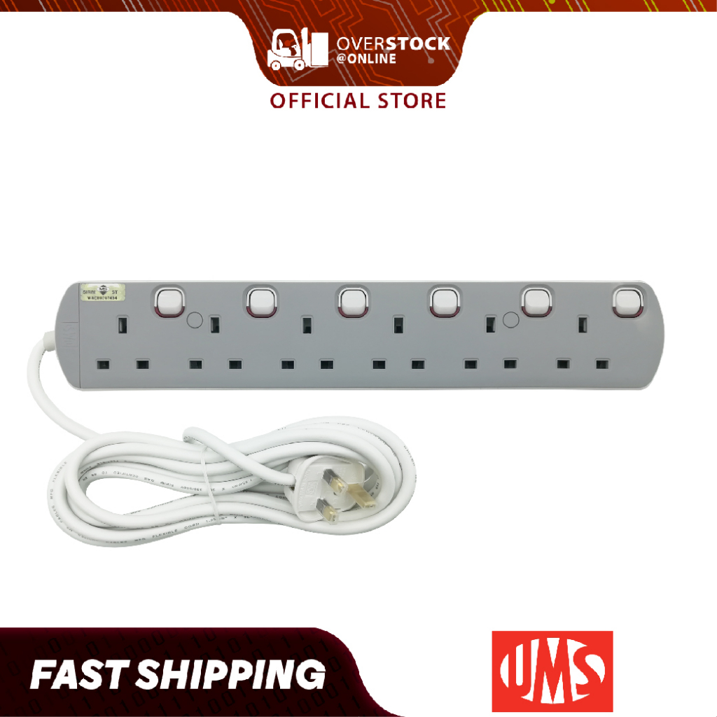UMS 8613-N 6 Gang SIRIM Approved Extension Socket Plug Power Strip with ...