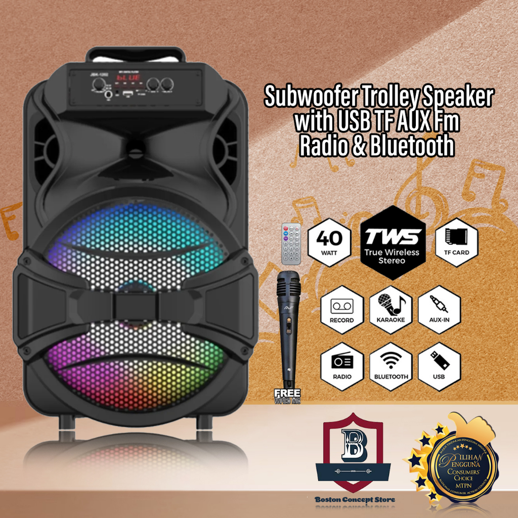 BOSTON 8 Inch 12 Inch Subwoofer Trolley Speaker with USB TF AUX Fm Radio & Bluetooth JBK Speaker ...