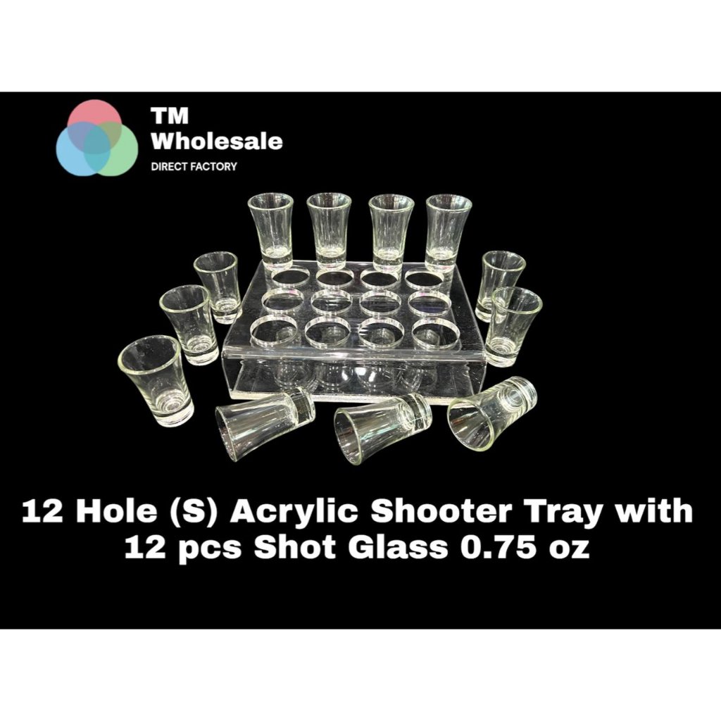 12 Hole (S) Acrylic Shooter Tray with 12 pcs Shot Glass 0.75 oz (23 ml ...