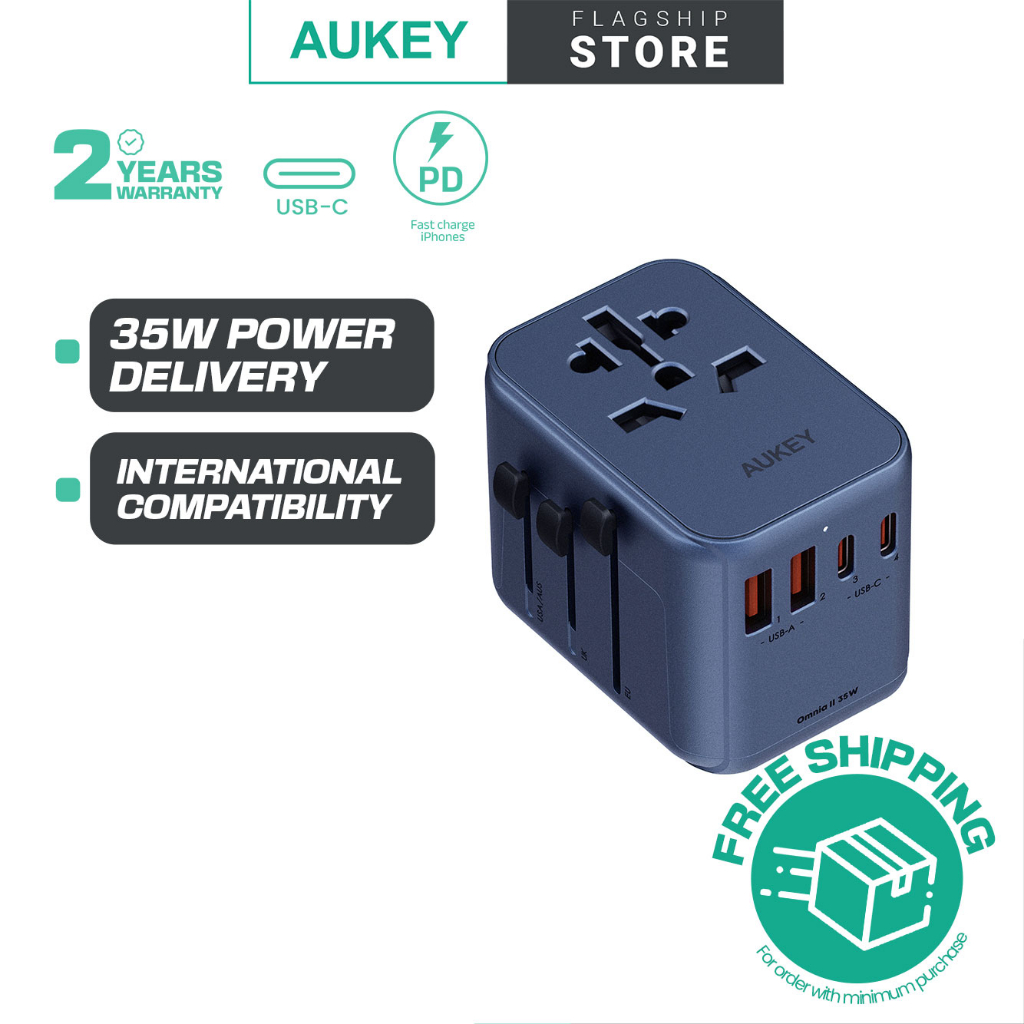 Aukey Universal Travel Adapter With USB-C and USB-A Ports | Shopee Malaysia