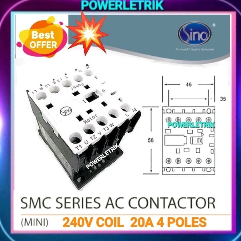 🔥READY STOCK🔥 SINO SMC-20 4 POLE 20A MINI CONTACTOR (COIL: 240V) - DIN ...