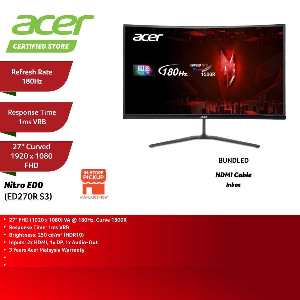 Acer Nitro ED270R S3 27″ FHD 180Hz Curved Gaming Monitor ( DP, HDMI, 3 ...