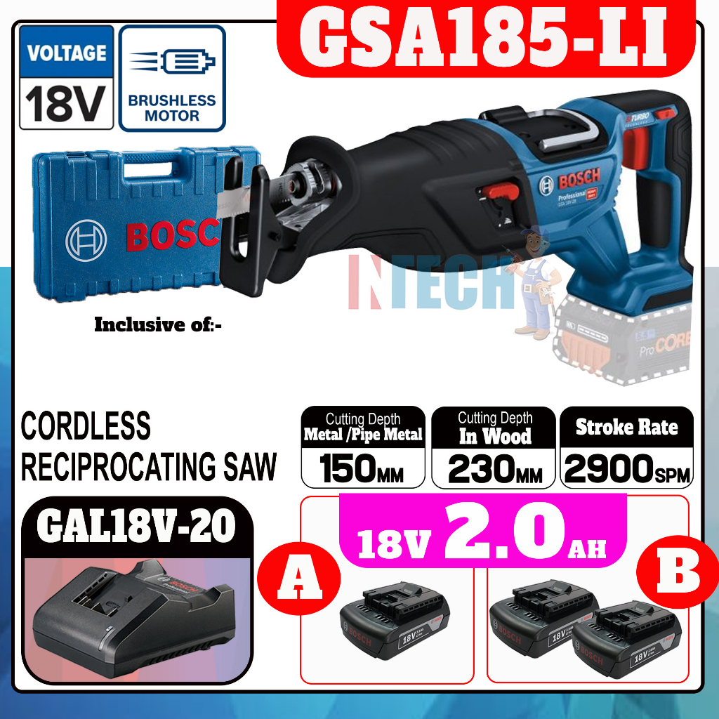 BOSCH GSA185-LI / GSA185LI 18V CORDLESS RECIPROCATING SAW C/W GBA 2.0AH ...