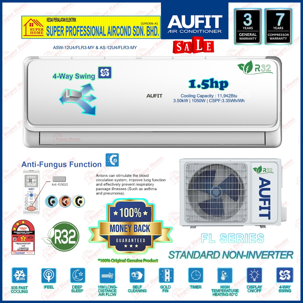 AUFIT 1.5hp R32 Non Inverter Air Conditioner ASW-12U4/FLR4-MY & AS-12U4 ...