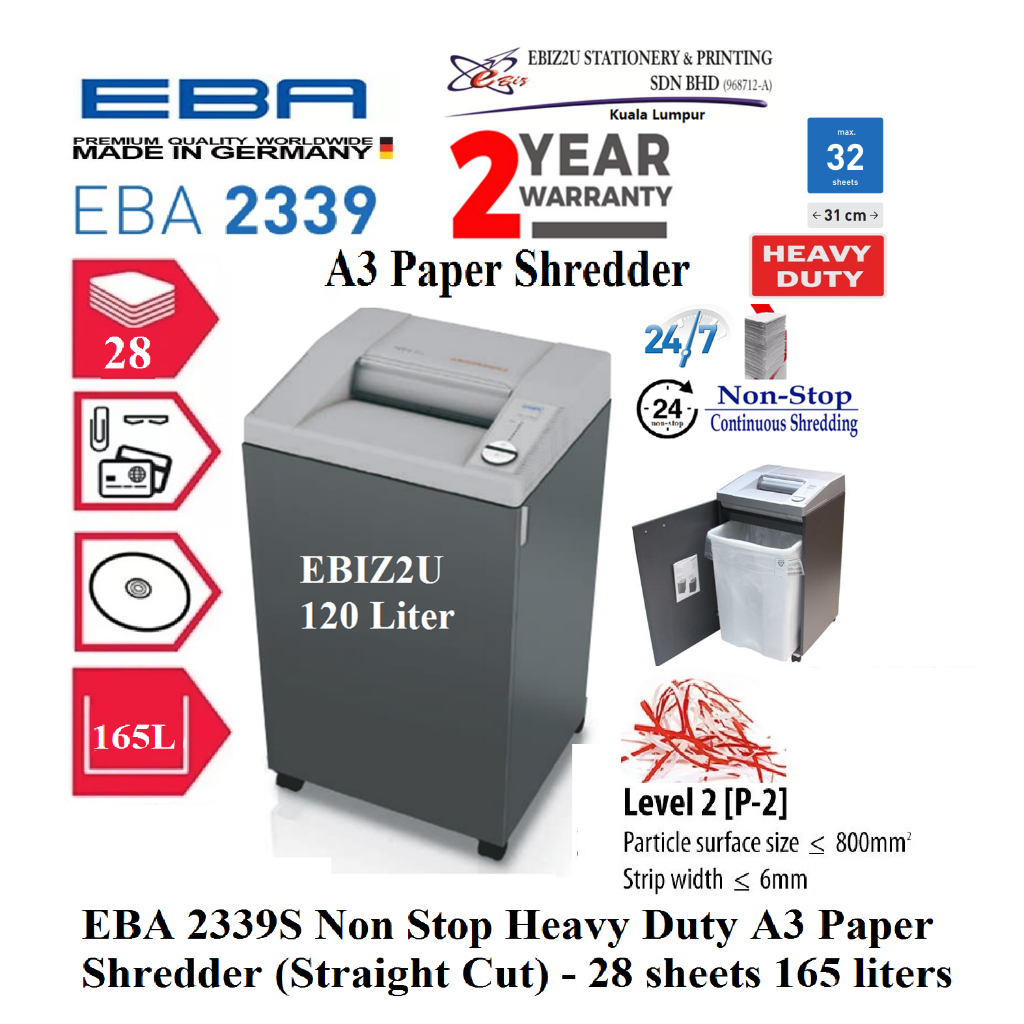 EBA 2339 S Non Stop Heavy Duty A3 Paper Shredder (Straight Cut) 4mm ...