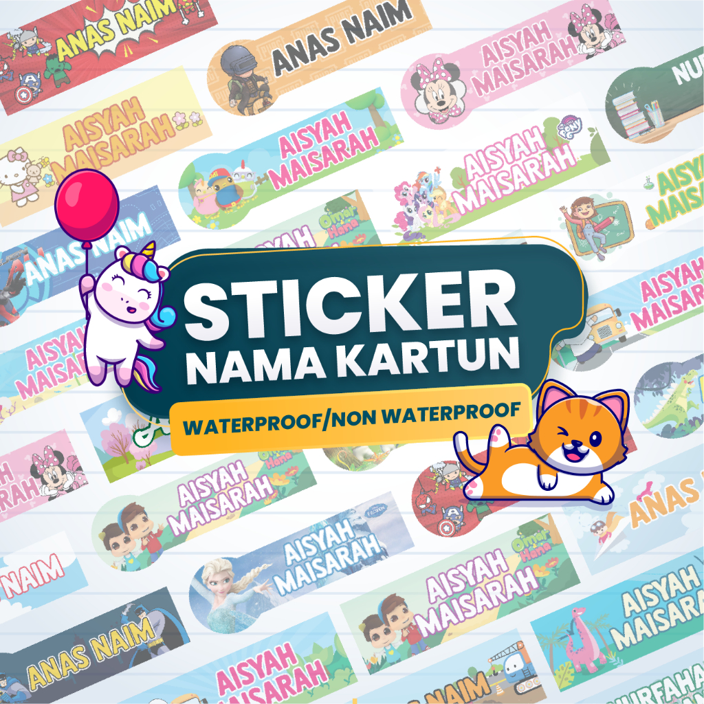 STICKER NAMA KARTUN BERWARNA | WATERPOOF ATAU NON WATERPPROOF | Shopee ...