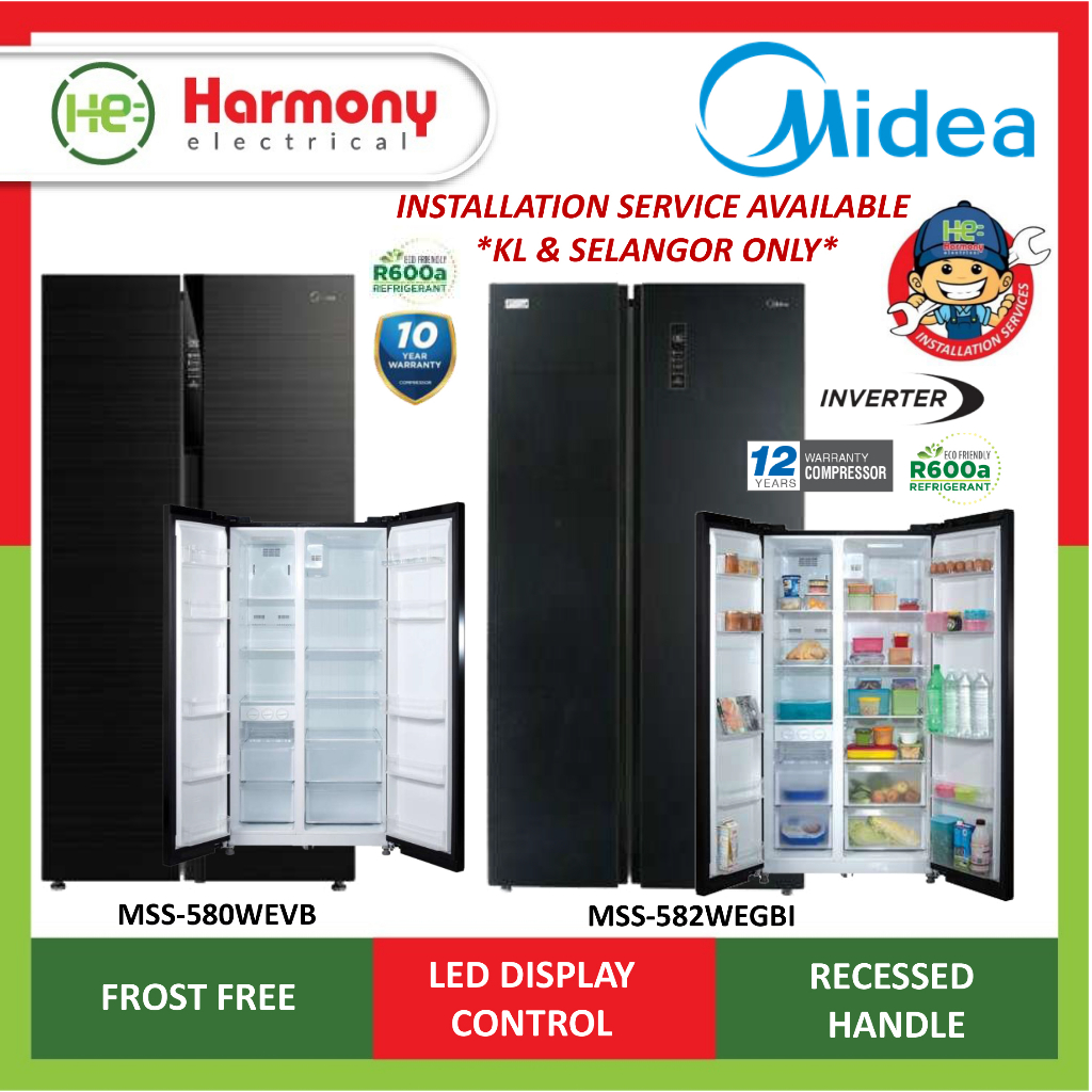 FAST (FREE DELIVERY + INSTALL KL) MIDEA Side By Side Fridge MSS-580WEVB ...