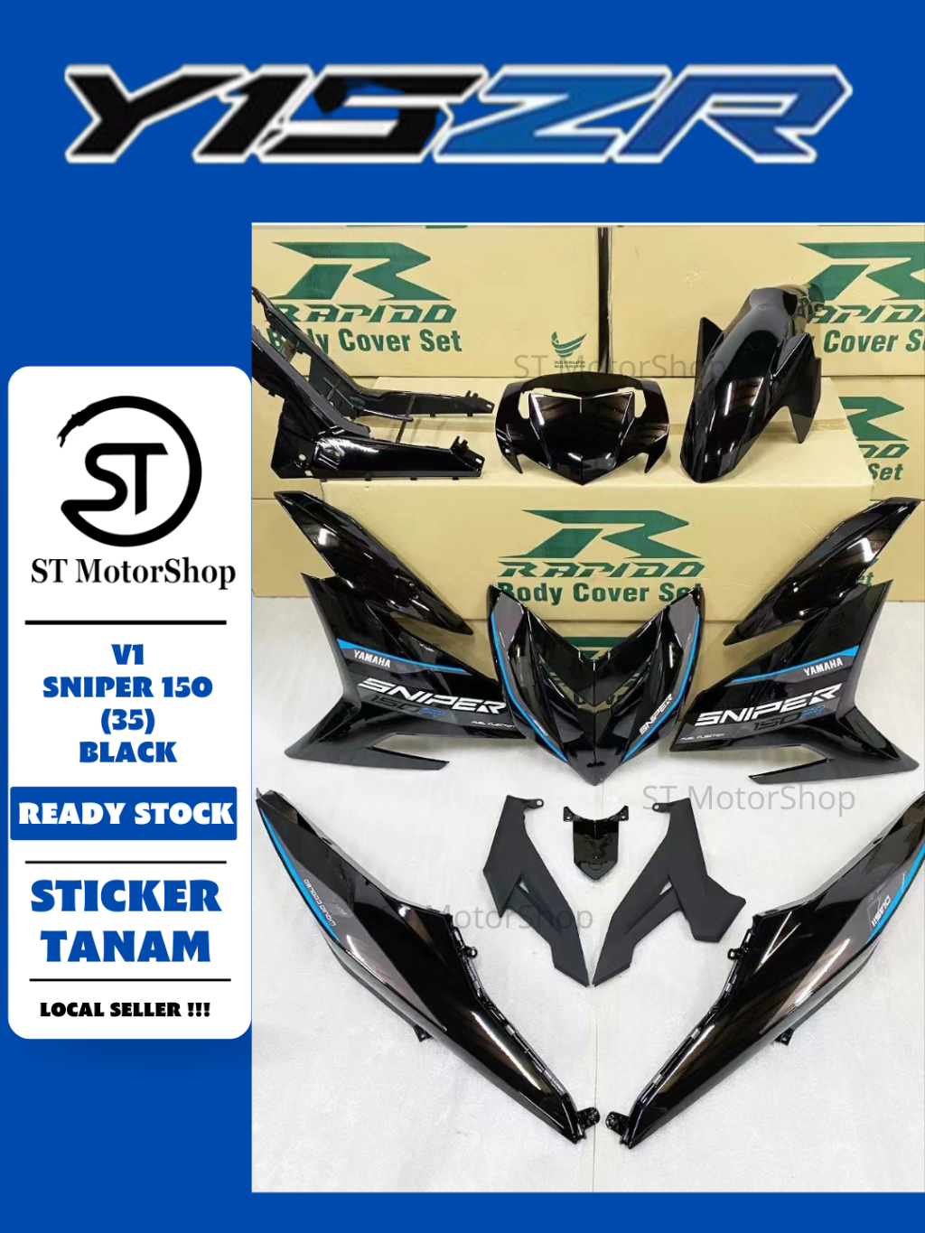 YAMAHA Y15 Y15ZR V1/V2 SNIPER 150 (35) BLACK COVER SET (STICKER TANAM/AIRBRUSH) RAPIDO NEW ...