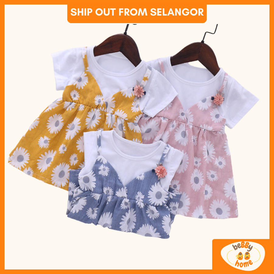 Dress Budak 1-7 yrs Kids Girl Dress One Piece Set Floral Baju Baby Girl ...