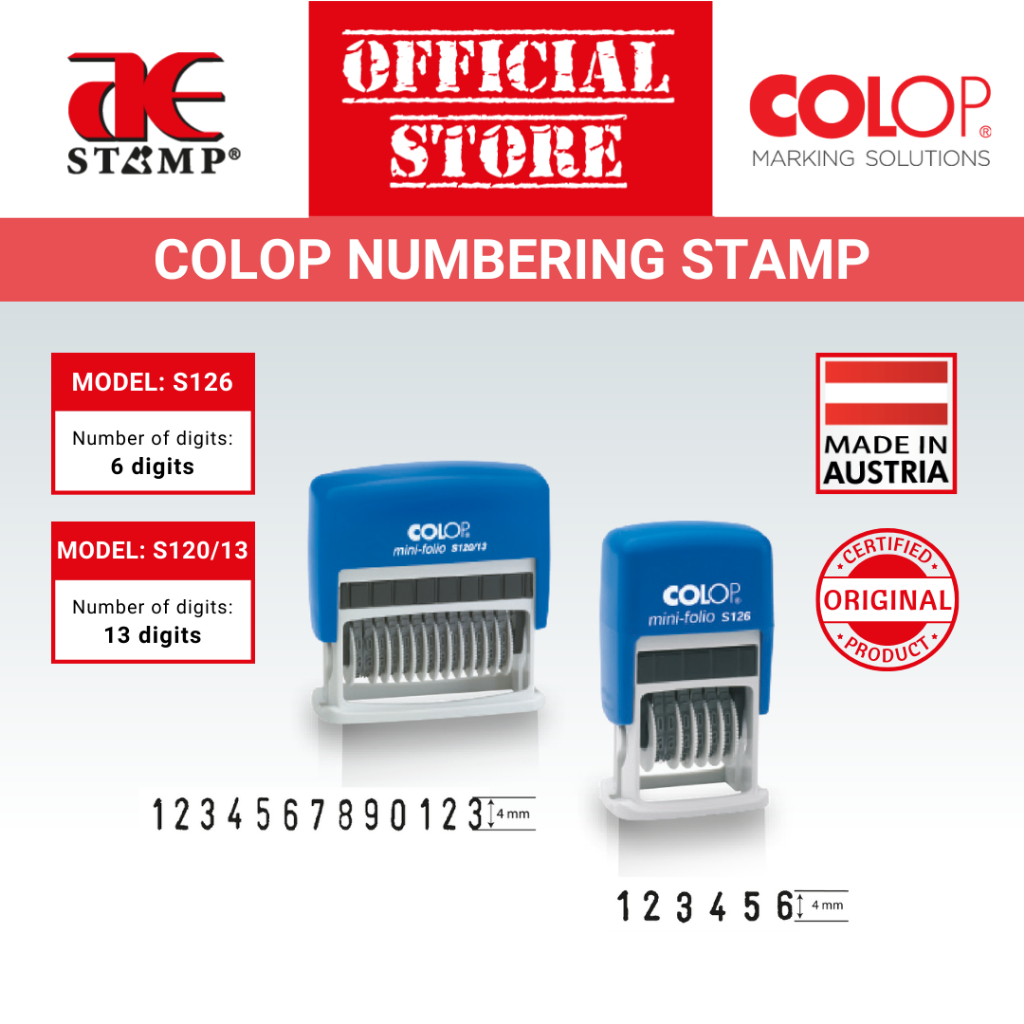 COLOP Numbering Stamp S126 (4x19mm) S120/13 (4x41mm) 6 & 13 digit numbering band 4mm Rectangle ...
