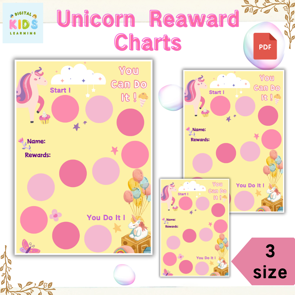 PDF Printable Unicorns Rewards chart for kids girl Kad Ganjaran Murid ...