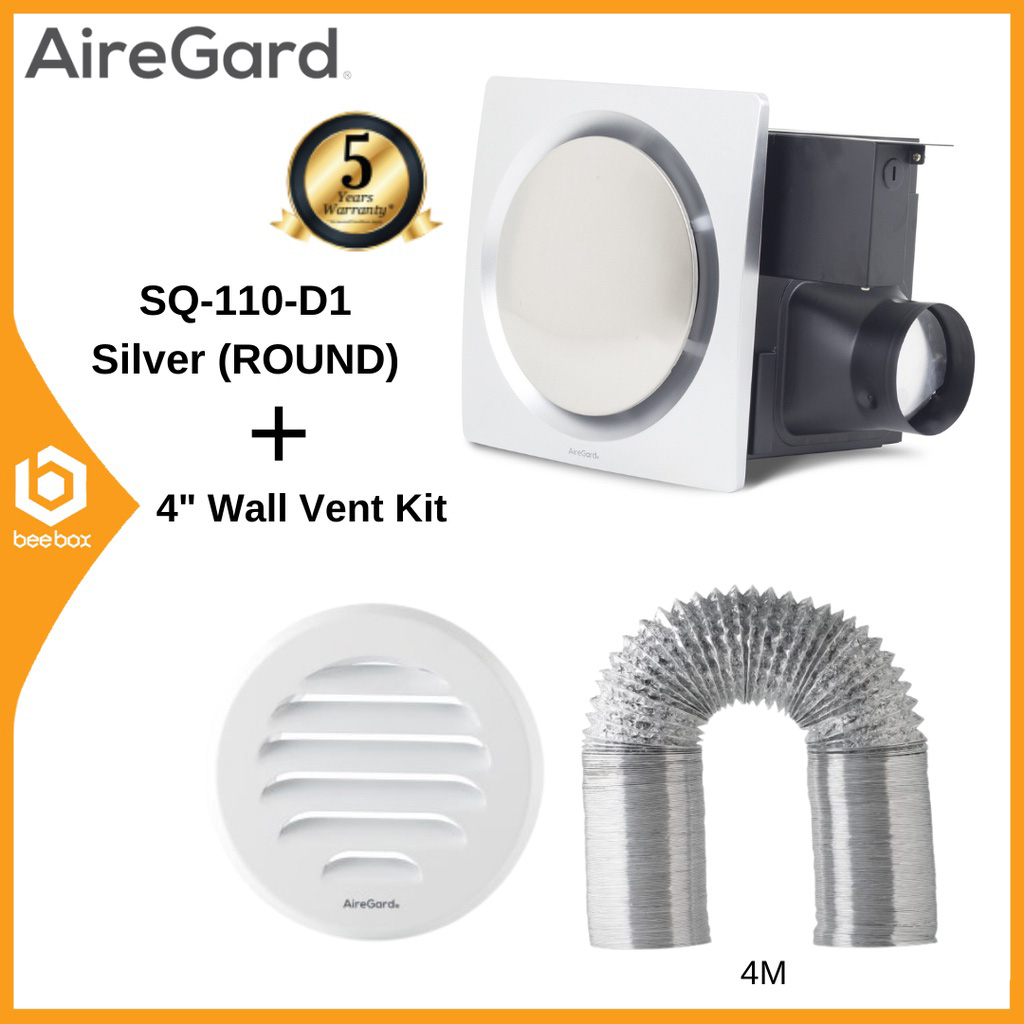AireGard SQ-110 D1 Air Ventilation Exhaust Fan Silver Round + Wall Vent ...