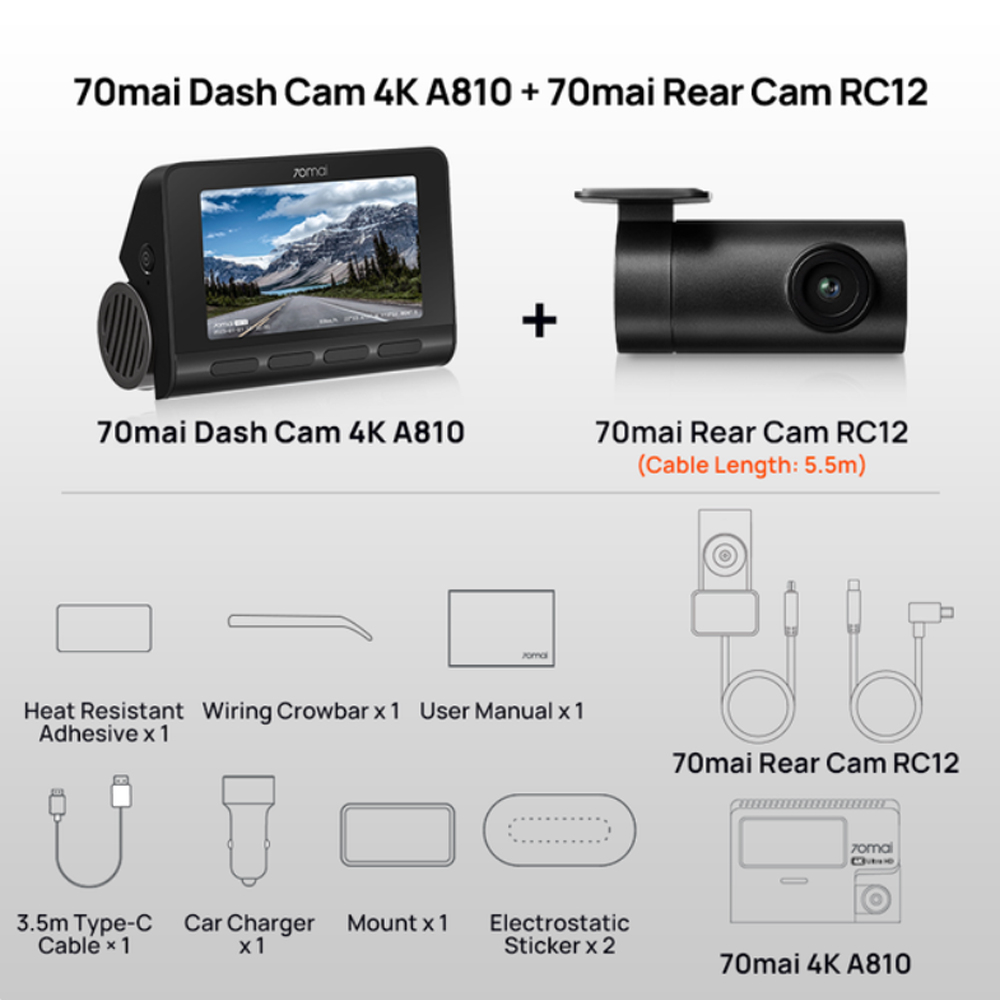 70mai A810 Ultra HD 4K Dash Cam Built-in GPS ADAS 150°FOV Motion Detection Car DVR Support Rear ...