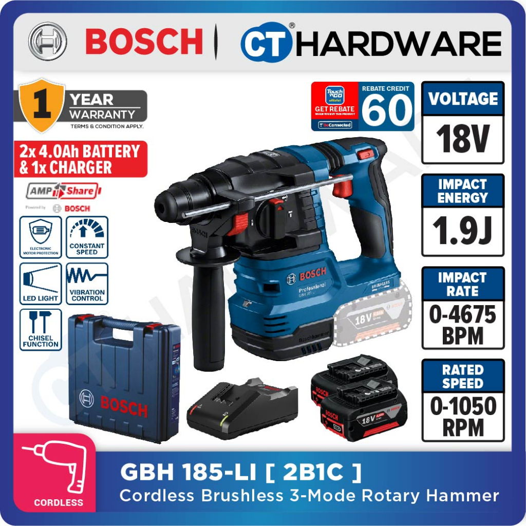 BOSCH GBH 185-LI CORDLESS BRUSHLESS 3-MODE ROTARY HAMMER 18V | 1.9J ...