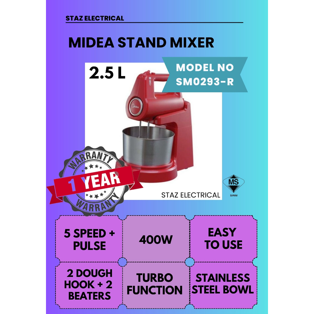 Midea Stand Mixer 2.5L (SM0293-R) | Shopee Malaysia