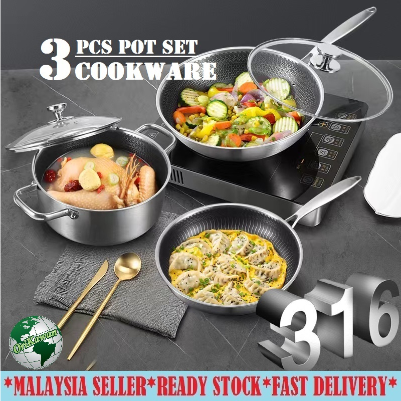 316 Stainless Steel Cookware 3 PCS Set Wok Pan Soup Pot Honey Comb ...