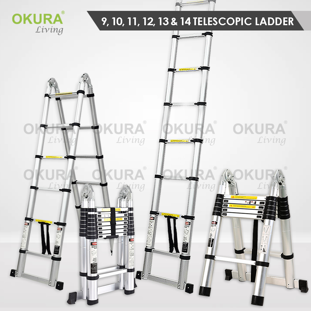 OKURA Multipurpose Telescopic Aluminum Ladder 3.2m/3.8m/4.4m Extendable Foldable Ladder ...