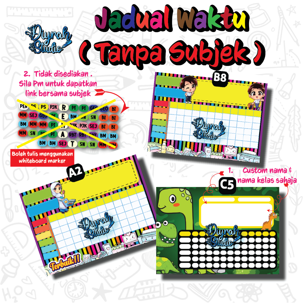Jadual Waktu Kelas . Boleh custom Nama & Nama Kelas (Tanpa Subjek ...