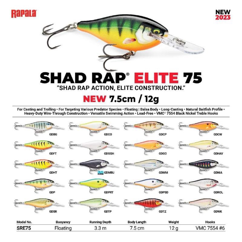 Rapala Shad Rap Elite 75 Model SRE75 7.5cm 12g Crankbait (New 2023 ...